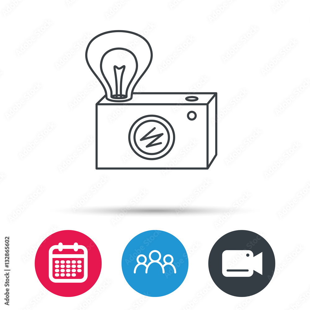 Retro photo camera icon. Photographer equipment sign. Camera with lamp ...