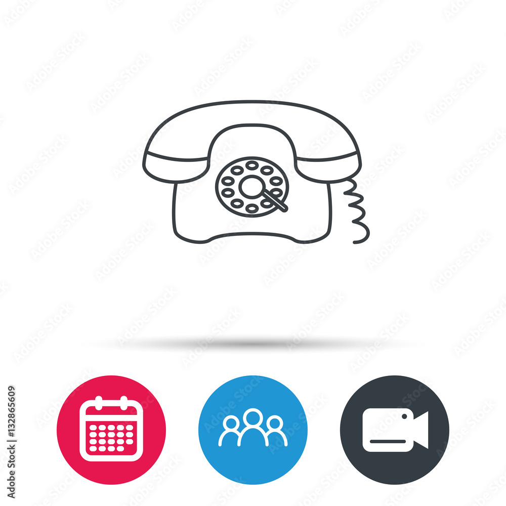 Retro phone icon. Old telephone sign. Group of people, video cam and ...