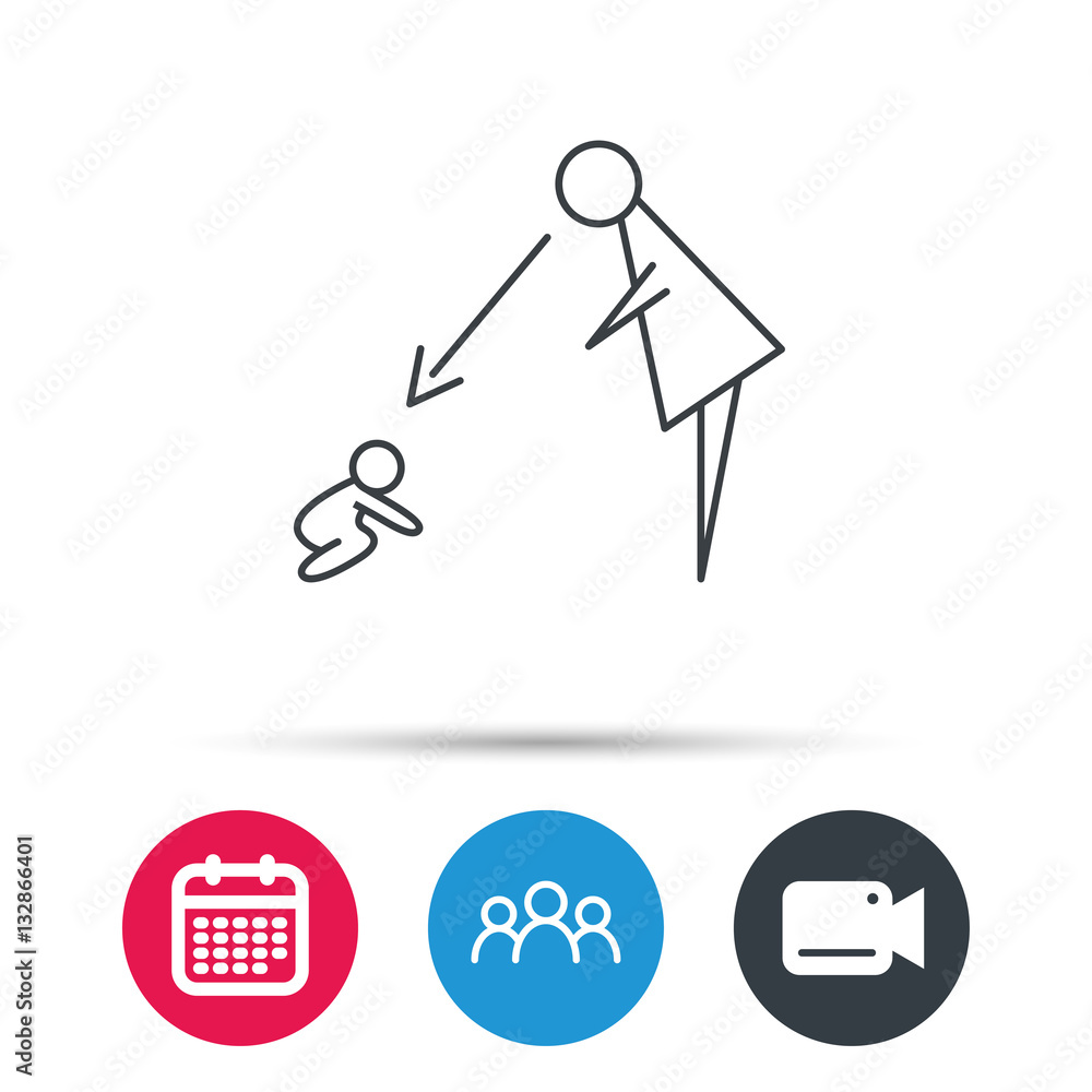 Under nanny supervision icon. Babysitting care sign. Mother watching ...