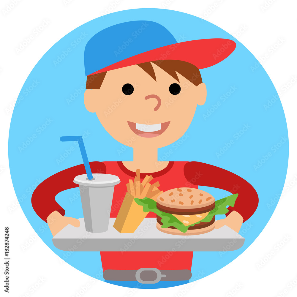 Boy carries a tray of food. Vector illustration isolated on white ...
