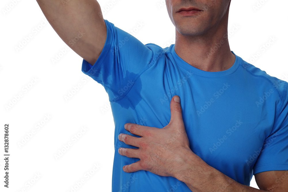 Sport man armpit sweating isolated on white. Transpiration stain ...