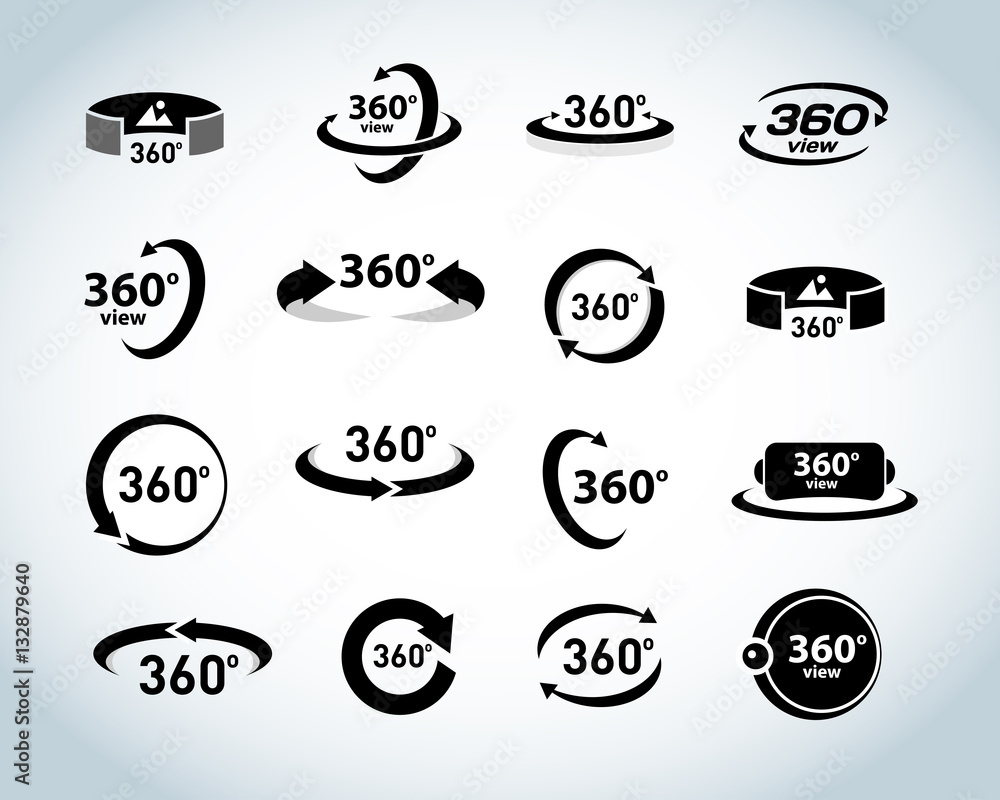 360 Degrees View Vector Icons set. Virtual reality icons. Isolated ...