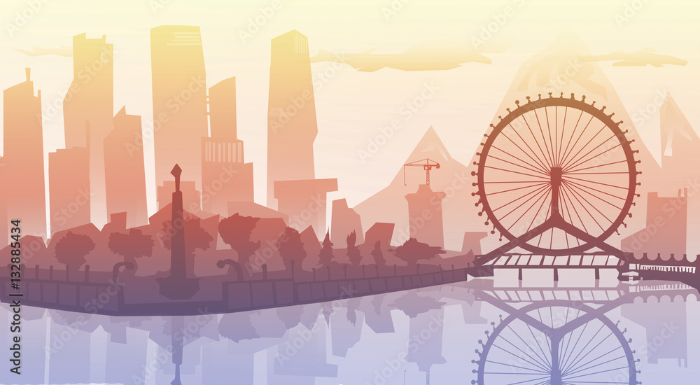 Sunset cityscape. illustration.Outline City Skyscrapers. Business and ...