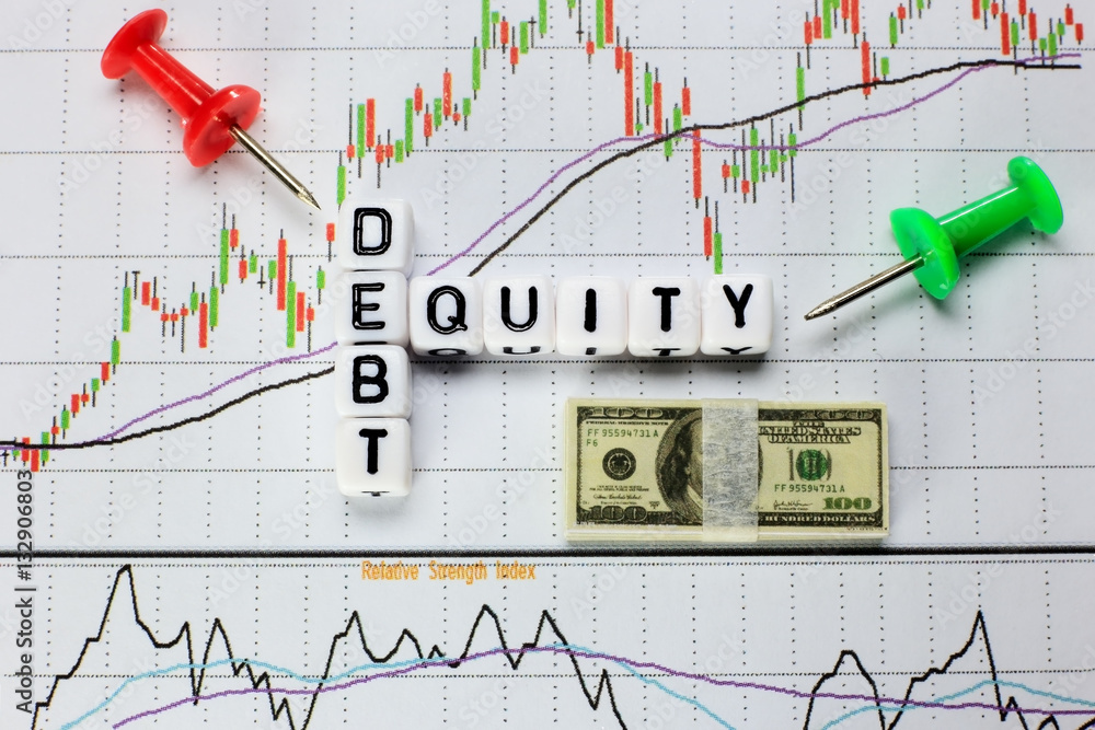 Debt and equity letter cube on white candle stick chart background ...