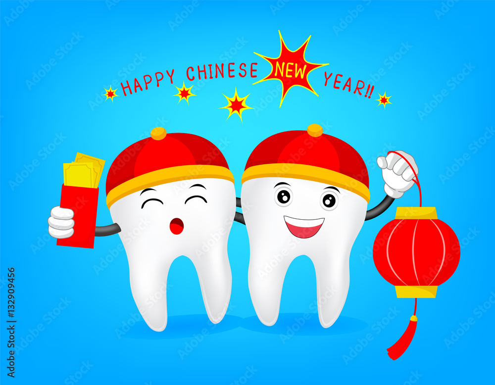 Cute cartoon tooth with Chinese New Year elements. Illustration ...