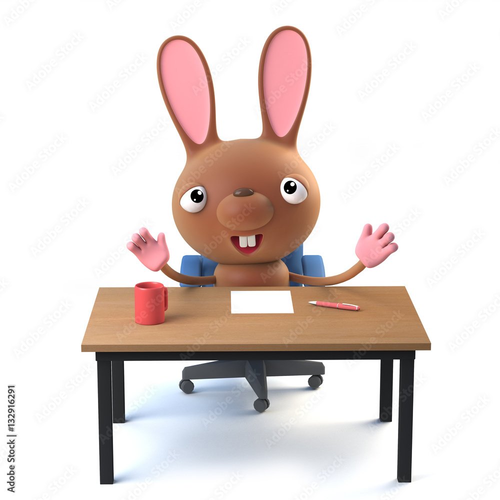 3d Cute cartoon Easter bunny rabbit sitting at his desk Stock ...