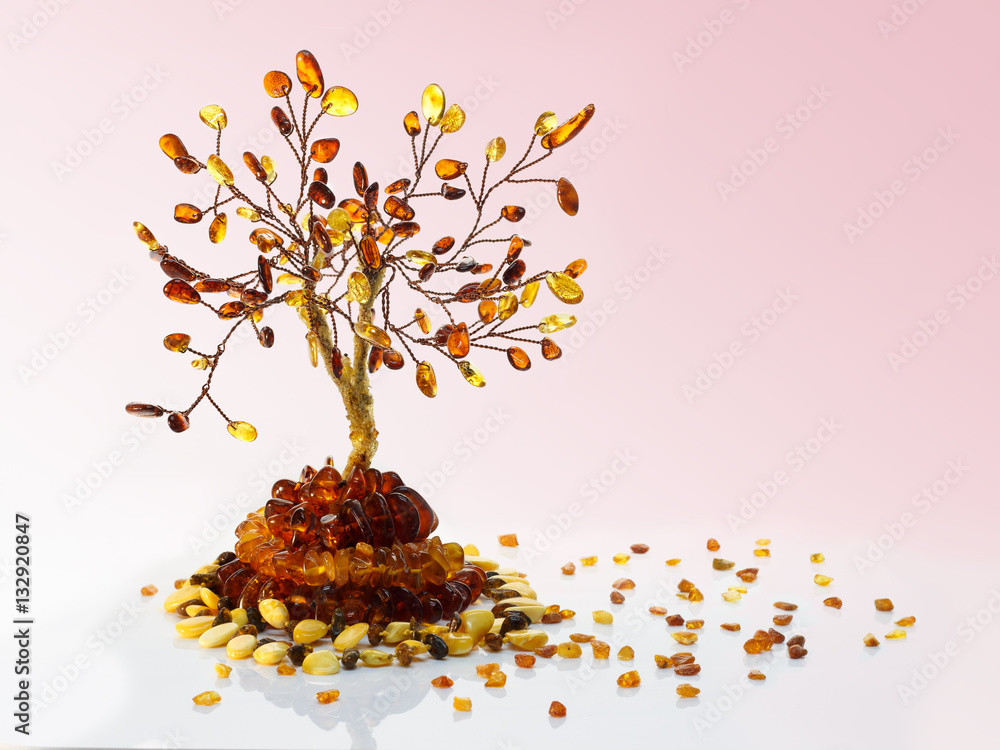 Decorative tree made with yellow and dark brown baltic amber, amber ...