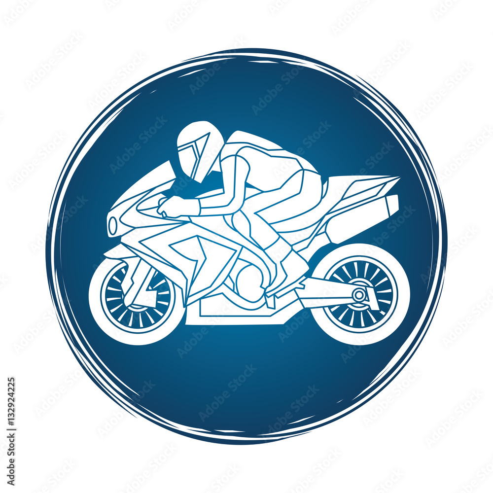 Motorcycle racing side view designed on grunge circle background ...