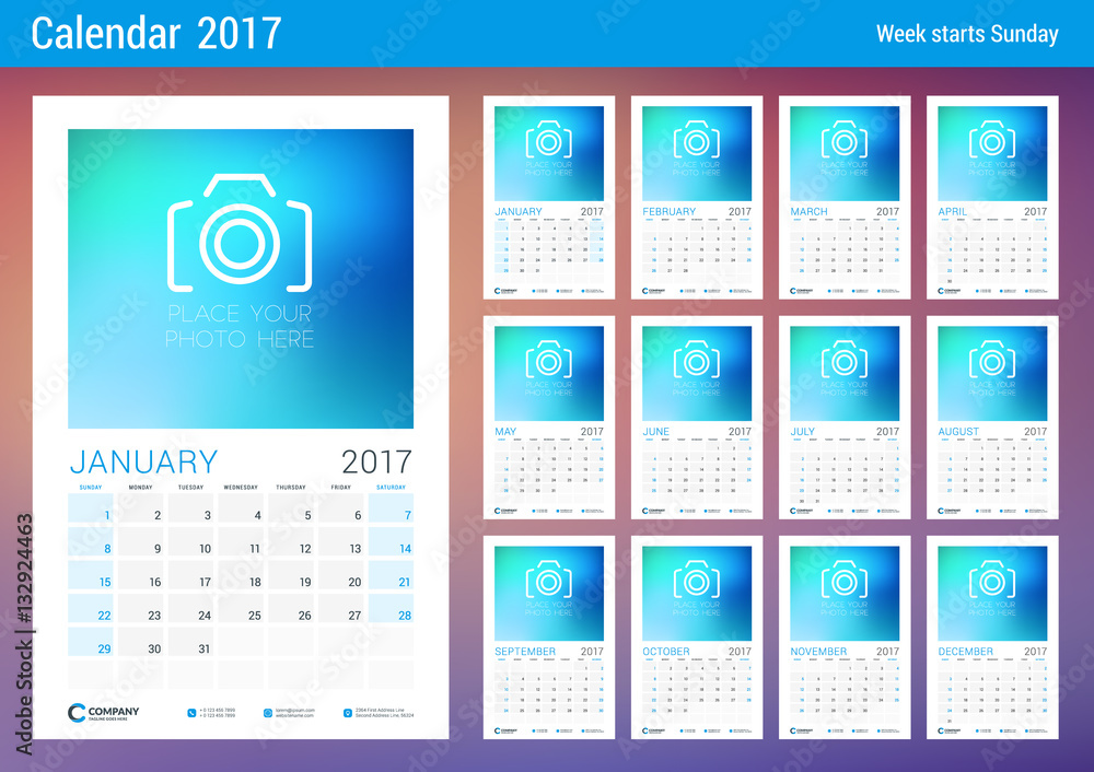 Wall Calendar Planner Template for 2017 Year. Week Starts Sunday. Set ...