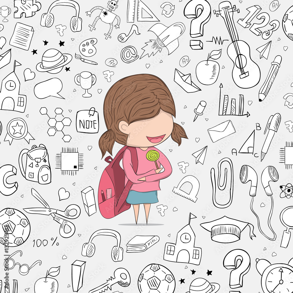 Schoolgirl pupils back to school background, drawing by hand vec Stock ...