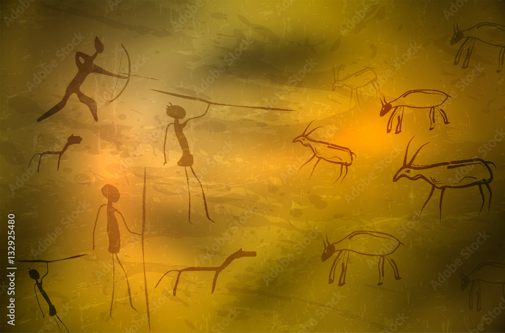 Stylized drawing of prehistoric hunters and animals Stock Vector ...