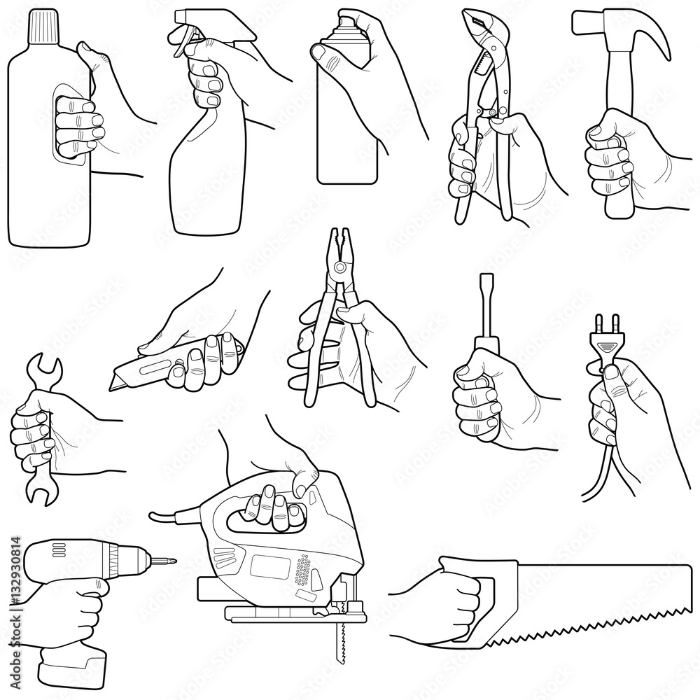 Hands with tools collection - vector line illustration Stock Vector ...