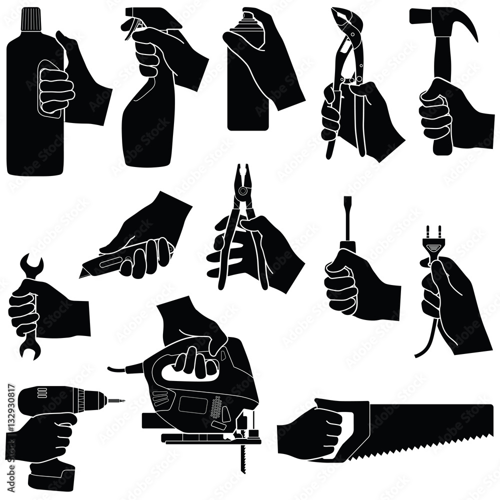 Hands with tools collection - vector silhouette illustration Stock ...