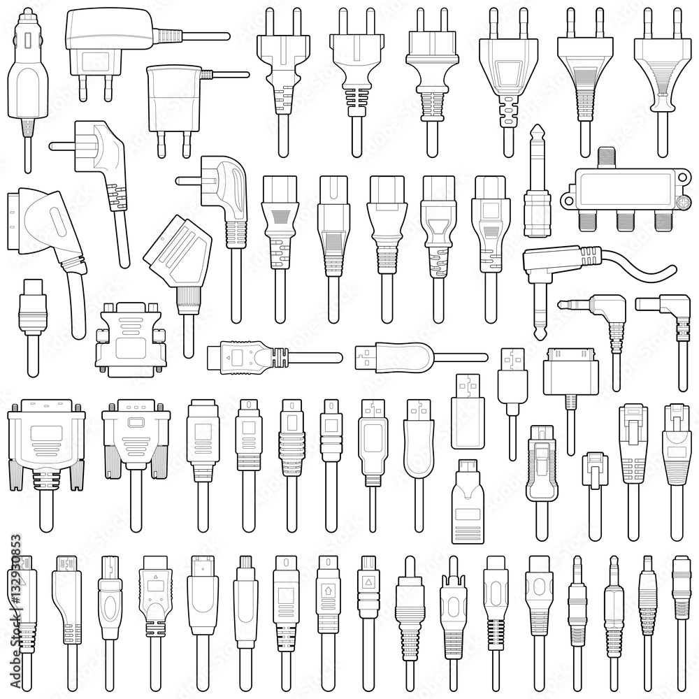 Cable wire and electric plug collection - vector line illustration ...