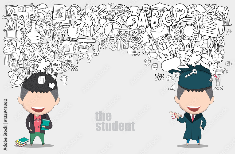 Graduated boy pupils back of school background, drawing by hand Stock ...