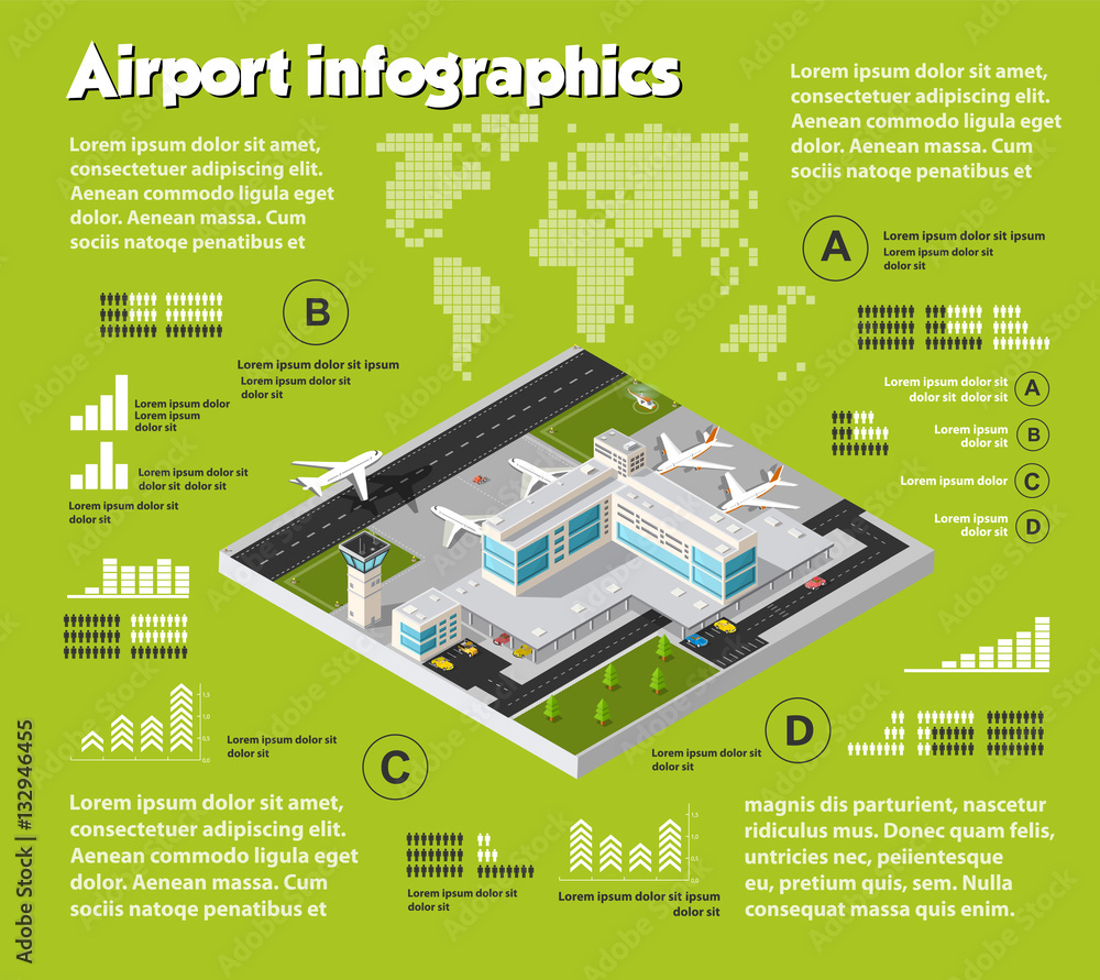 Isometric airport, air travel infographic with transport terminal ...