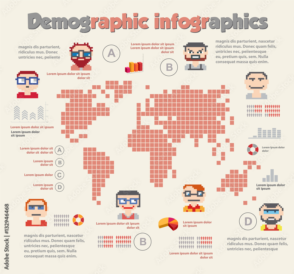 Demographic infographic with people icons and charts. Word map with ...