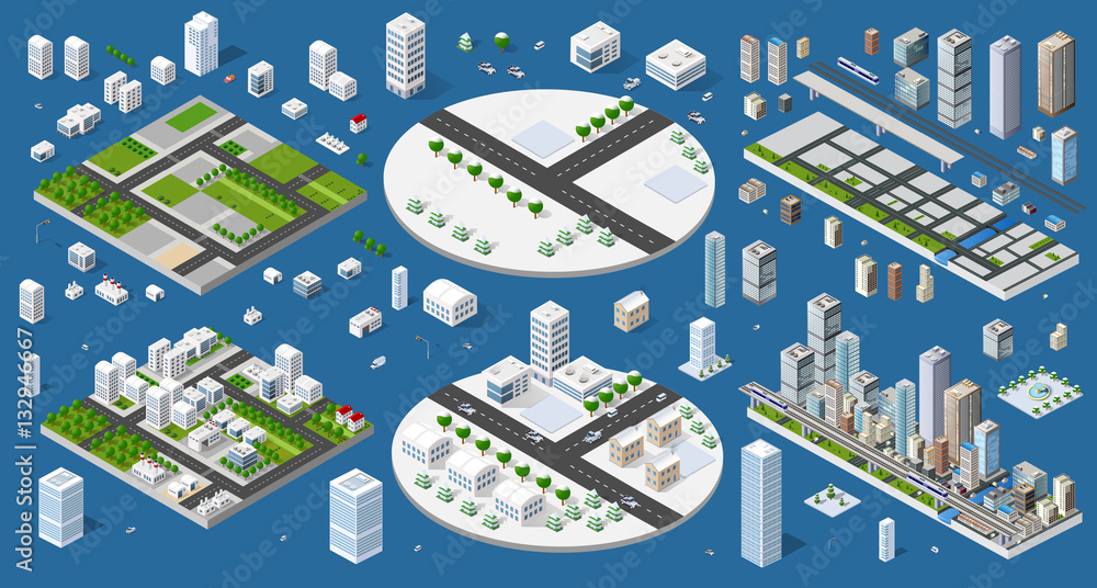 Cityscape design elements with isometric building city map generator ...
