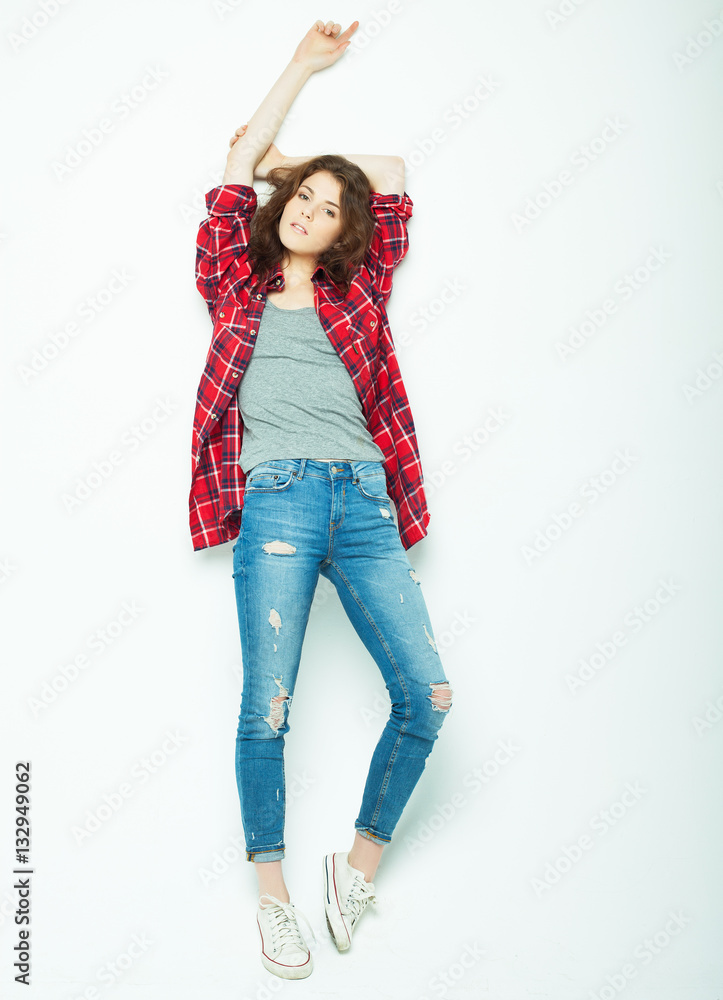 lifestyle, fashion and people concept: Full body young fashion woman ...