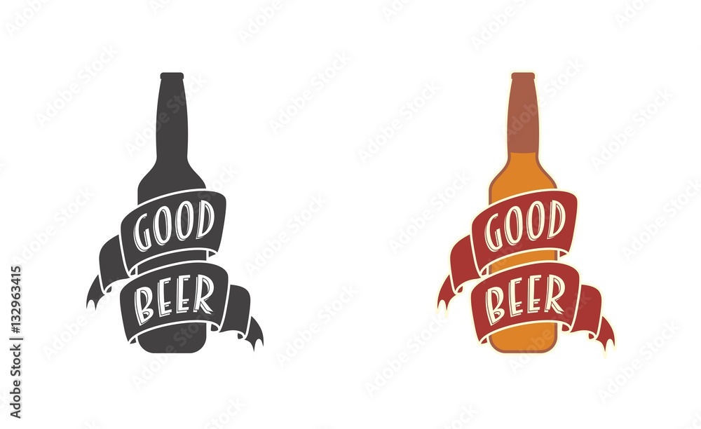 Good beer vector logo, symbol or label template with bottle and ribbon ...