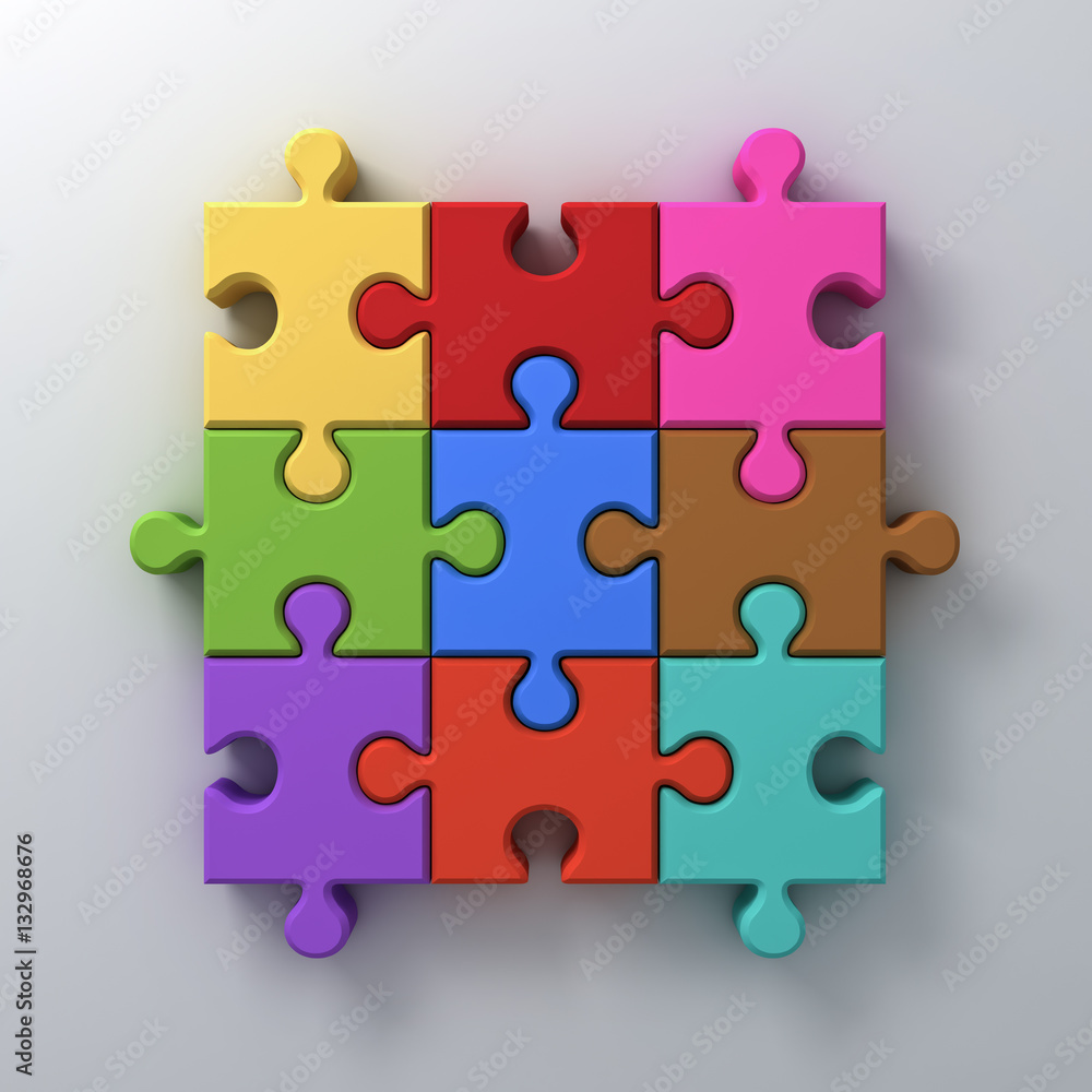 Colorful jigsaw puzzle pieces concept on white wall background with ...
