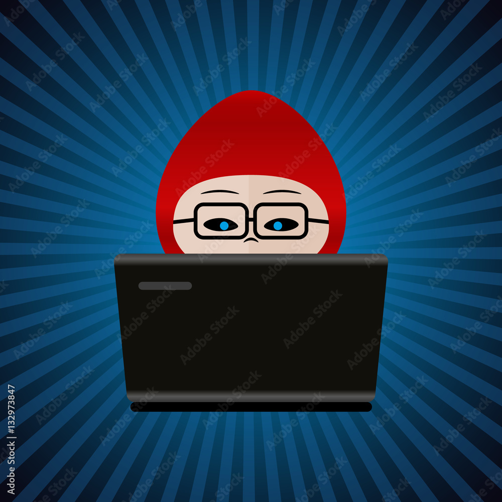 hacker with red cap computer man behind laptop working icon eps10 Stock ...