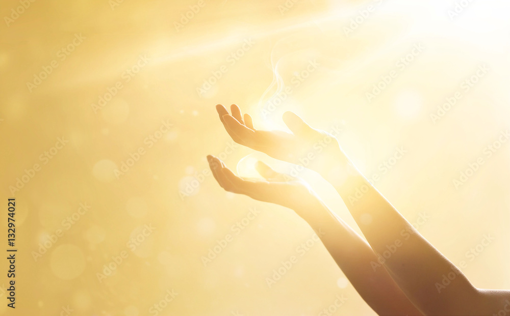 Woman hands praying for blessing from god on sunset background Stock ...