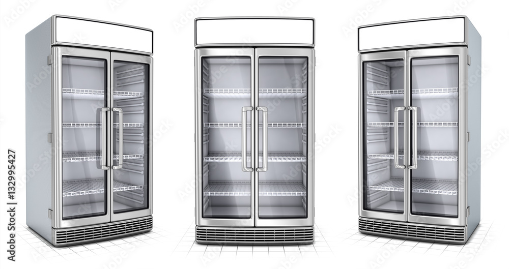 Fridge with transparent glass isolated. Refrigerator showcase on white ...