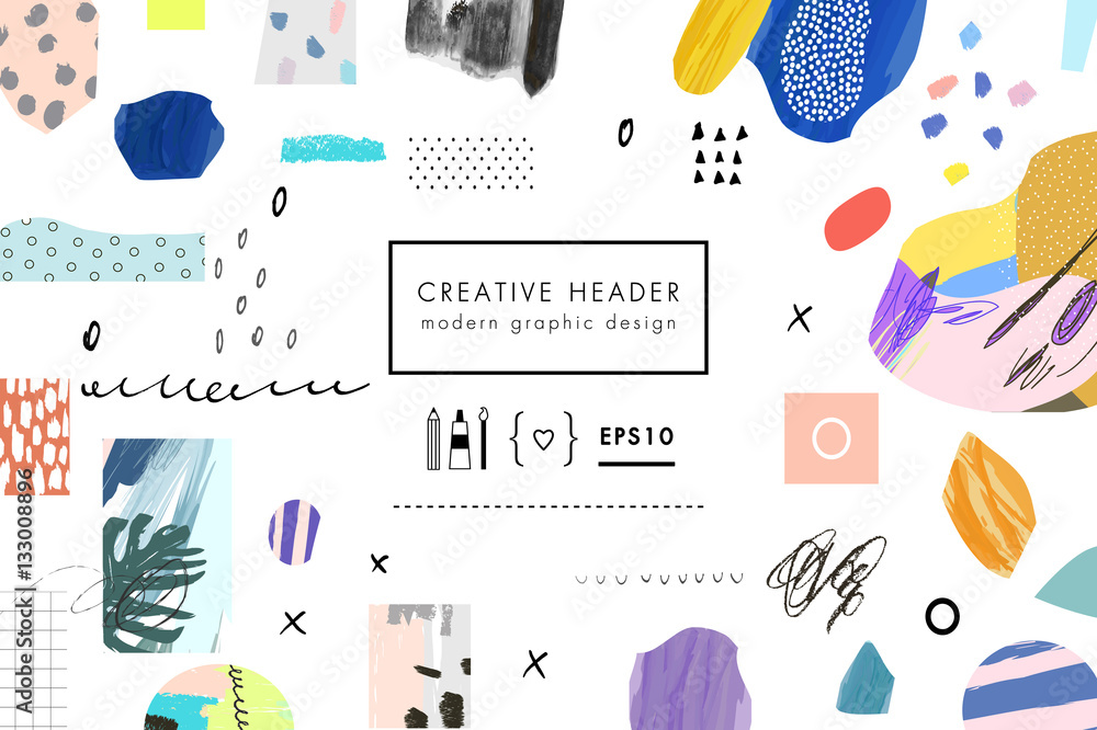 Creative art header with different shapes and textures. Collage. Stock ...