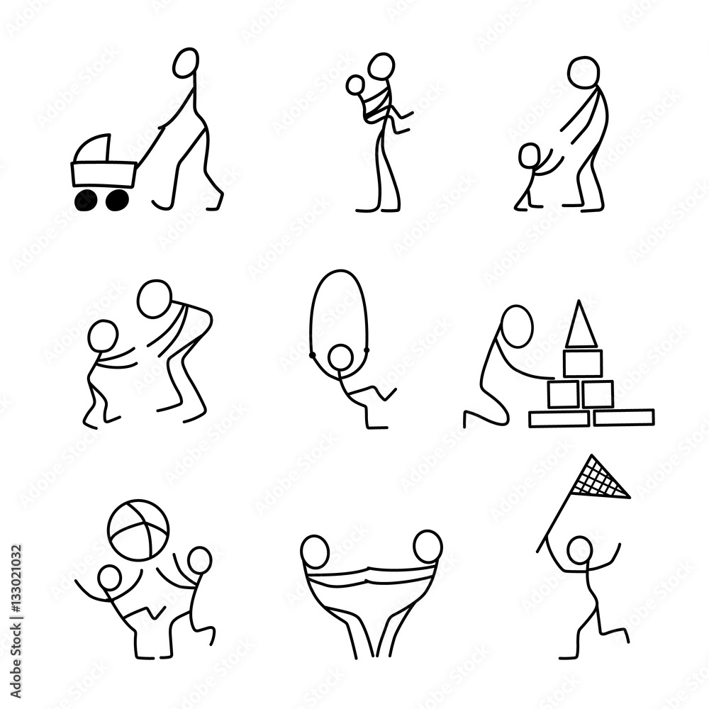 Cartoon icons set of sketch little people in cute miniature scenes ...