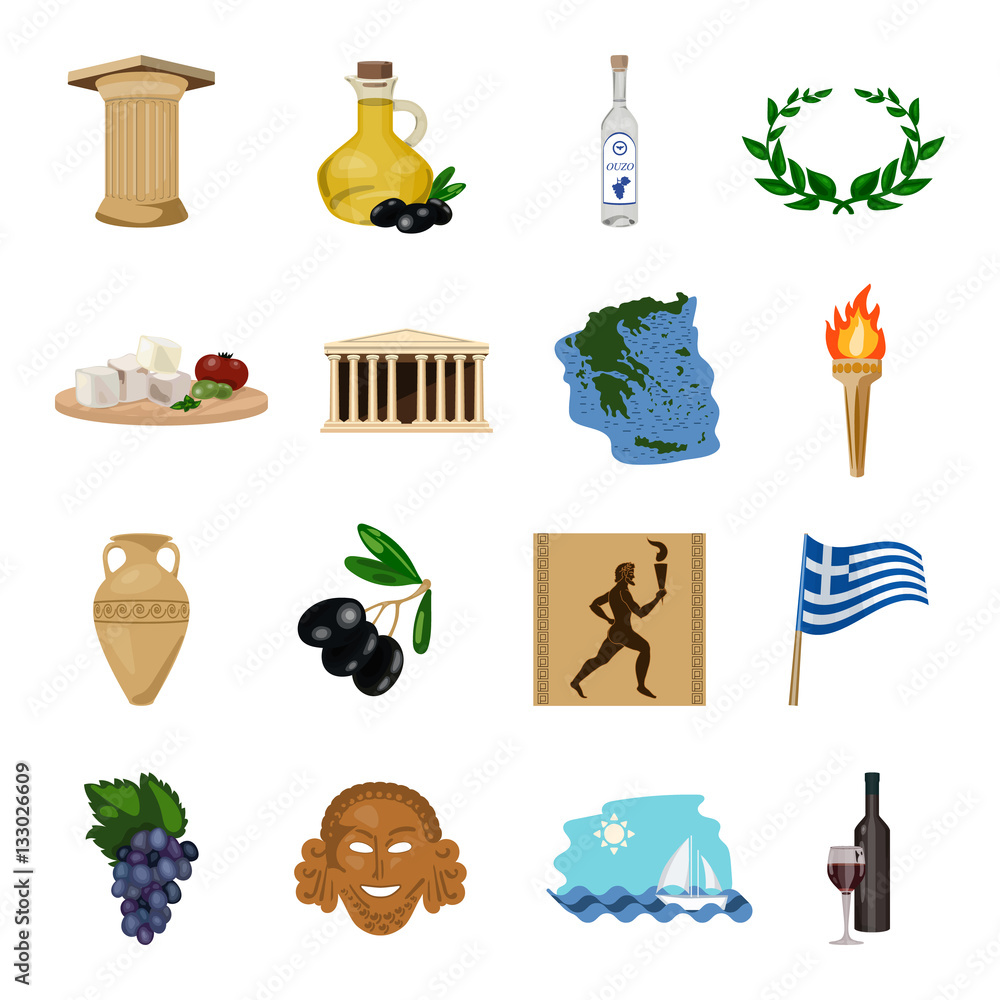 Vecteur Stock Greece set icons in cartoon style. Big collection of ...