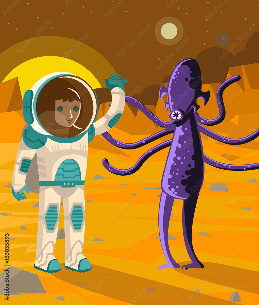 astronaut on mars wavin a dark strange martian lifeform alien Stock Vector | Adobe Stock