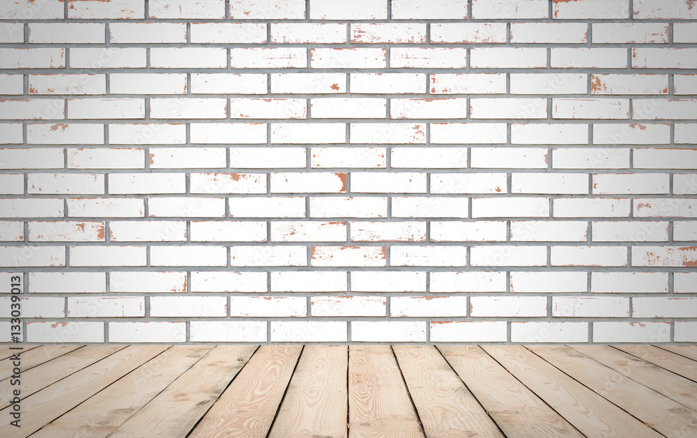Fototapeta mapa świata dla dzieci Perspective wood over white brick wall background, room, table ...
