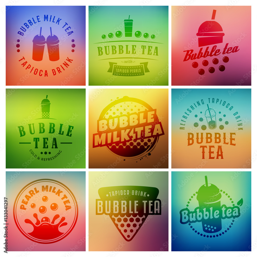 Vector bubble tea logos. Set of pearl tea labels on blurred colorful ...