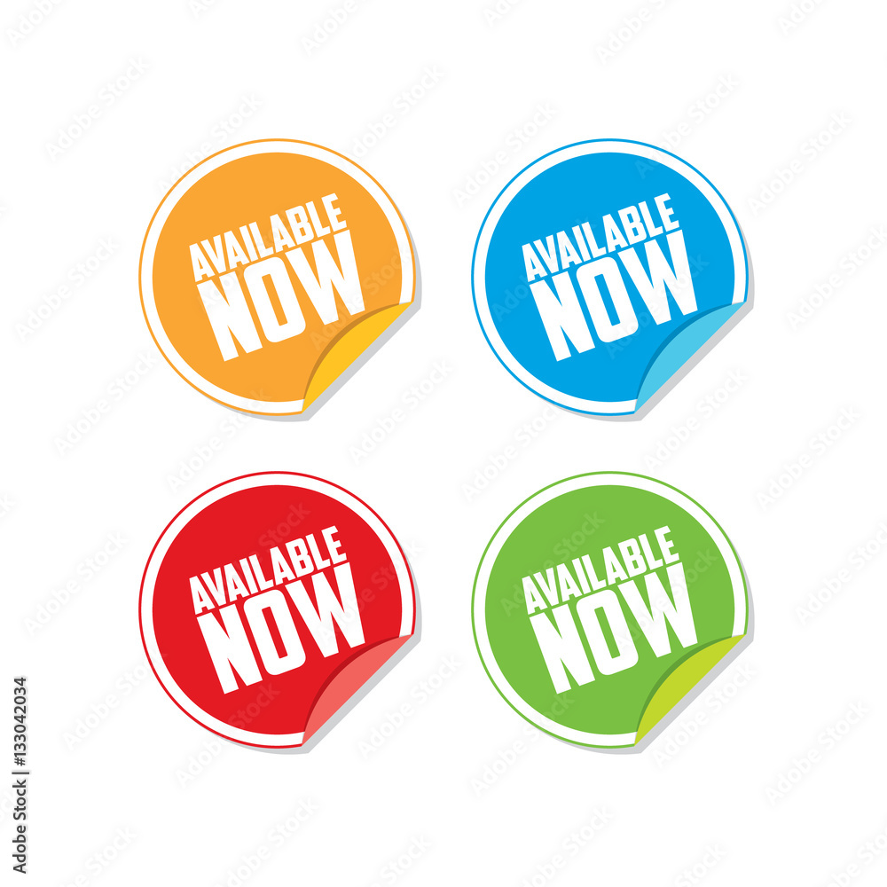 Colorful Available Now Sticker Labels Stock-Vektorgrafik | Adobe Stock