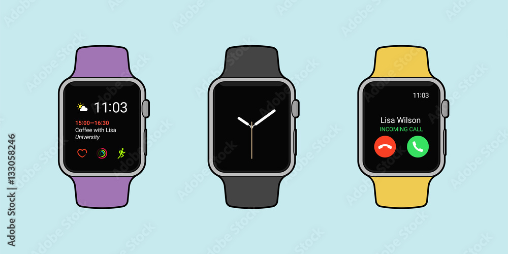 Smartwatches displaying various information in three different color ...