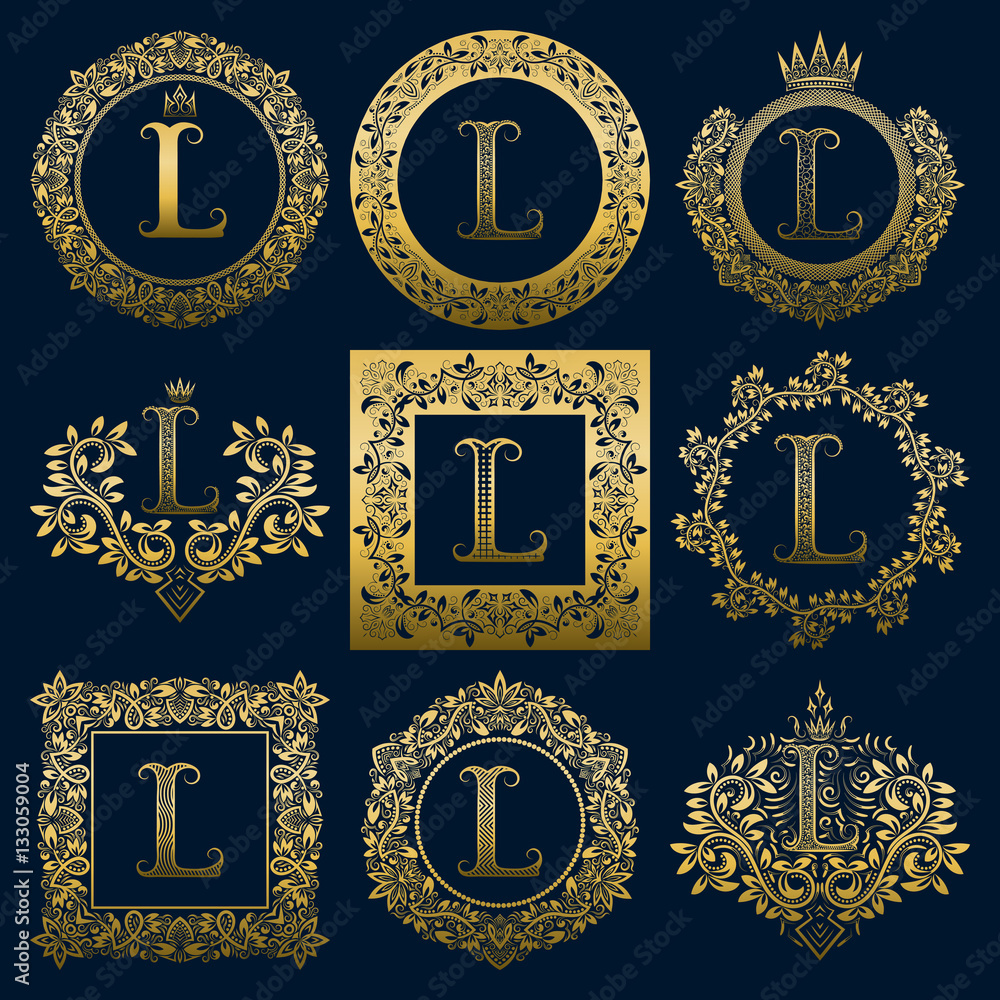Vintage monograms set of L letter. Golden heraldic logos in wreaths ...