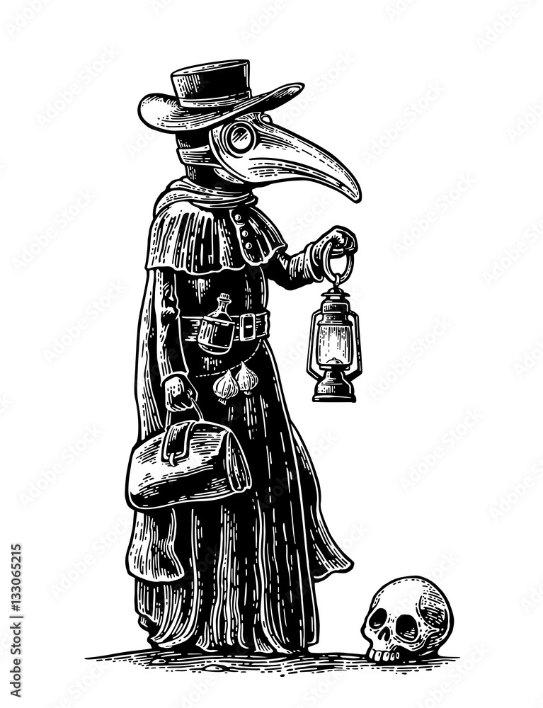 Plague, doctor with bird mask, suitcase, lantern, garlic and hat ...