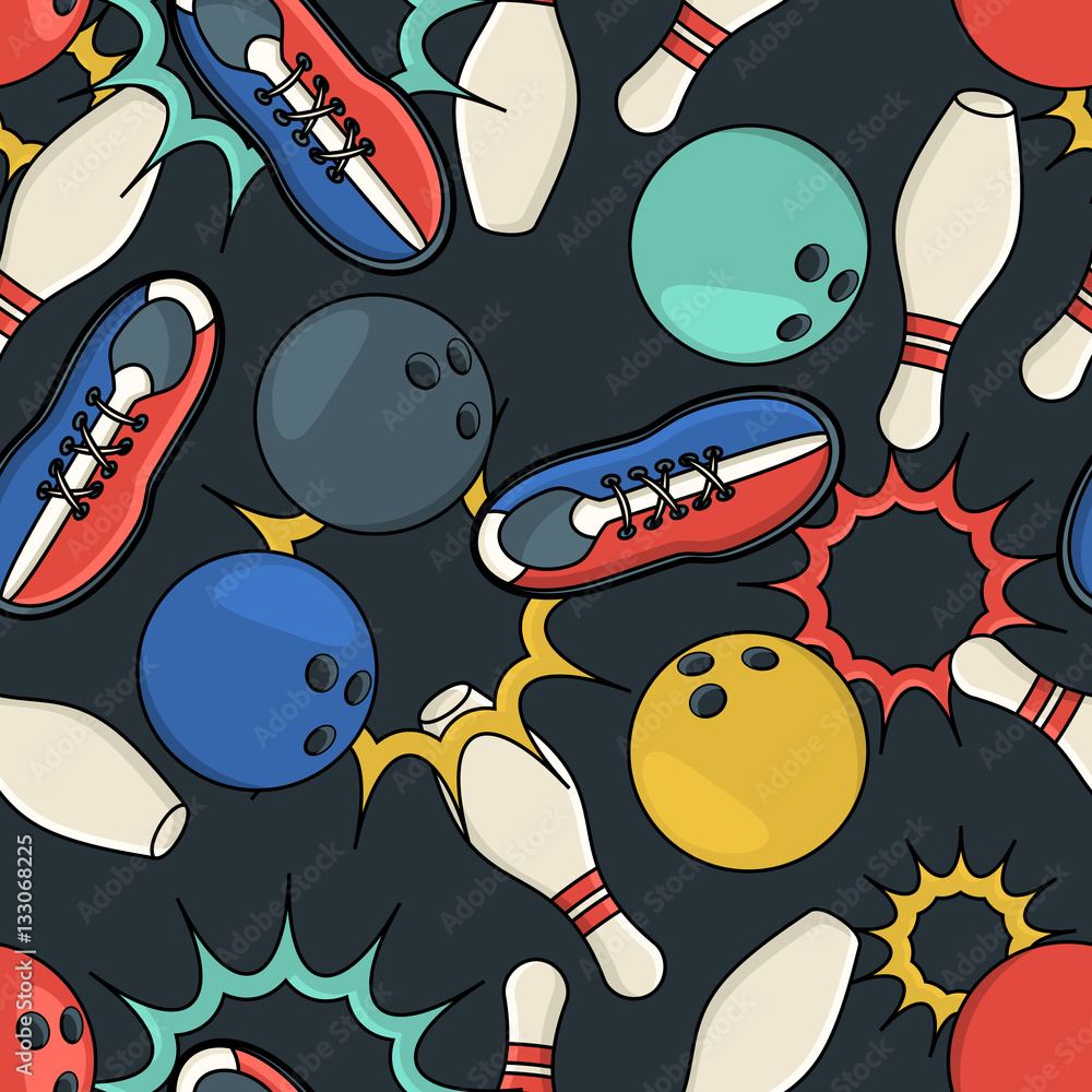 Bowling vector seamless pattern. Color doodle design elements on black ...