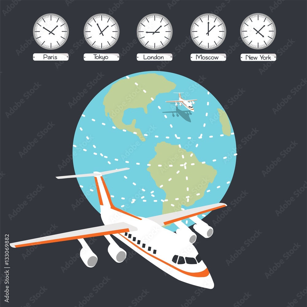 Vector illustration. Airplane, earth and time zones. Stock Vector ...