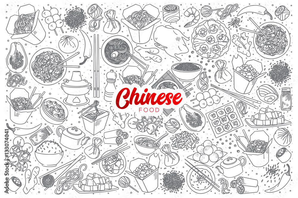 Hand drawn set of chinese food doodles with red lettering in vector ...