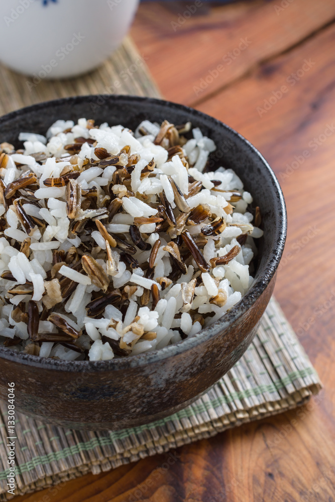 Mix of cooked native North American Indian wild rice and boiled long ...