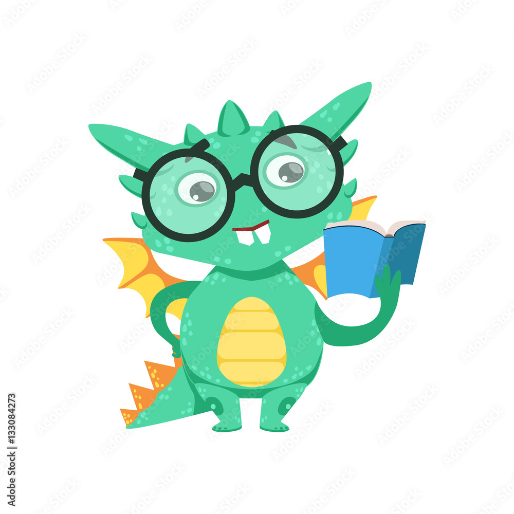 Little Anime Style Smart Bookworm Baby Dragon Reading A Book Cartoon ...