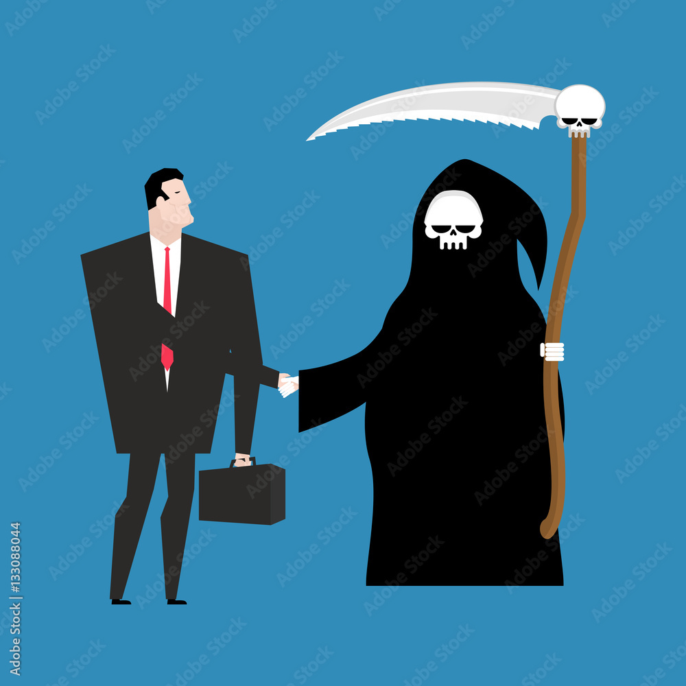 Contract with death. Grim Reaper and businessman shaking hands. Stock ...