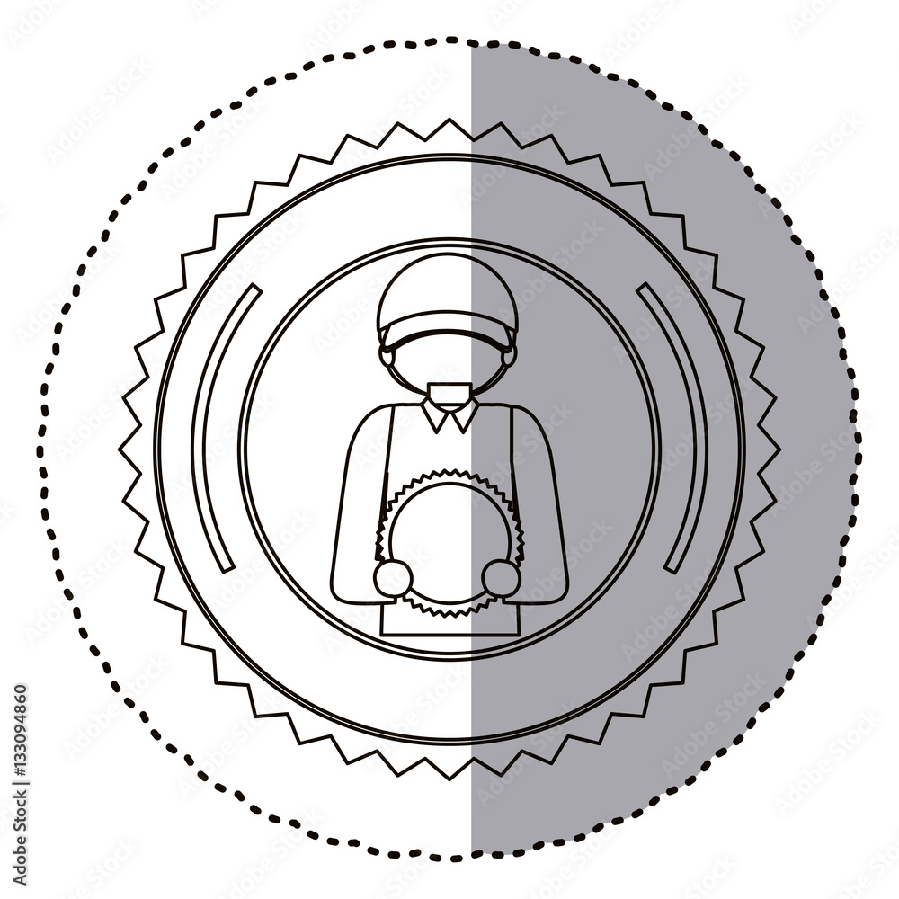 Worker inside seal stamp icon. Delivery shipping logistics and ...