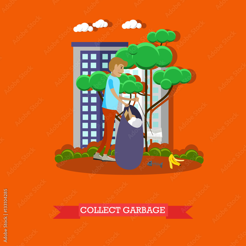 Vector illustration of volunteer collecting garbage in park, flat ...