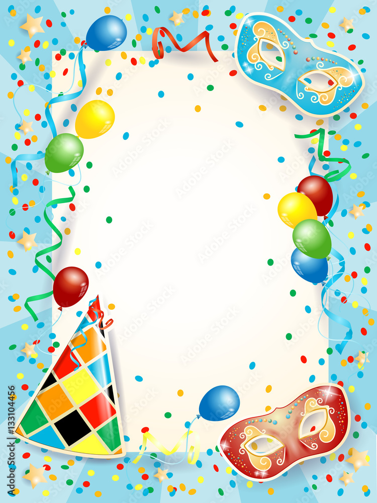 Party background with carnival masks, balloons and copy space Stock ...