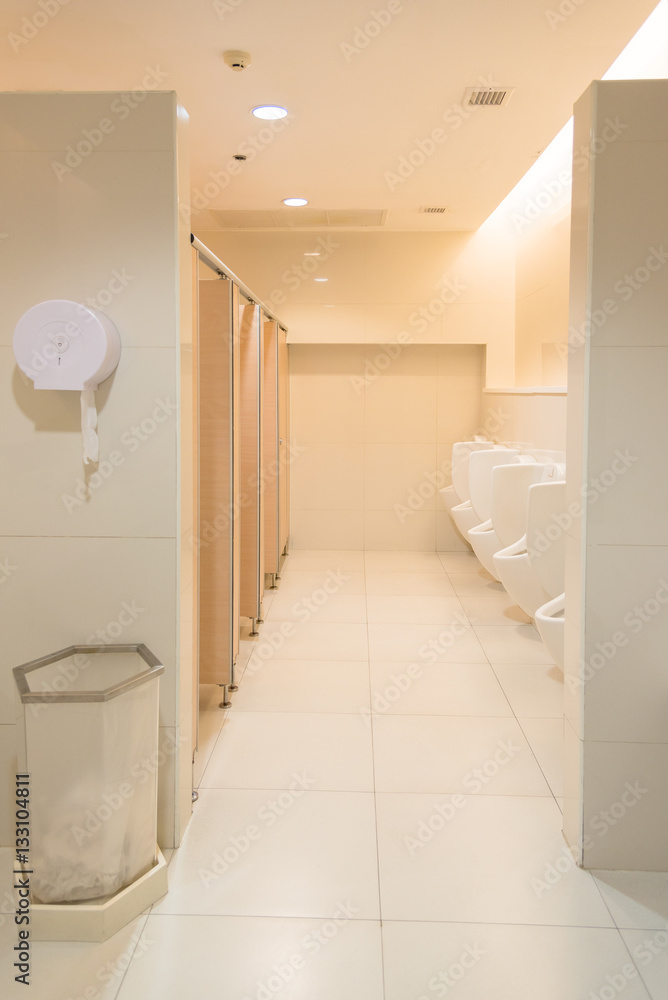 Public clean modern white male toilet, restroom with urinals, in Stock ...