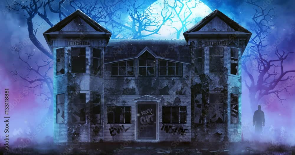 Haunted horror house. Old wooden grungy dark evil haunted house with ...