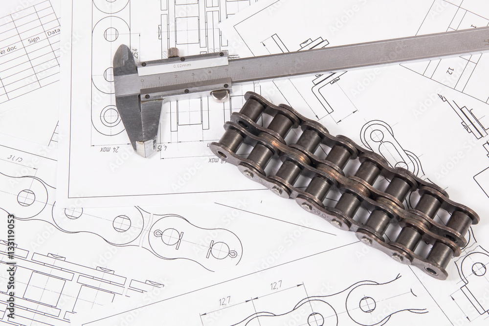 Technical drawing, calipers and driving roller chain. Engineering ...